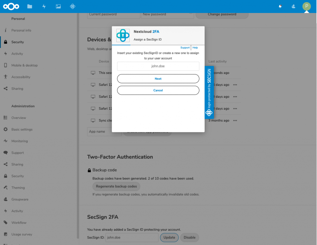 screenshot_personal_settings - SecSign 2FA