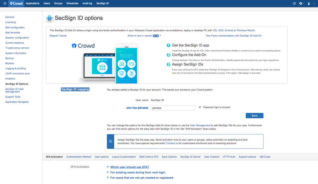 Crowd settings landing page - SecSign 2FA