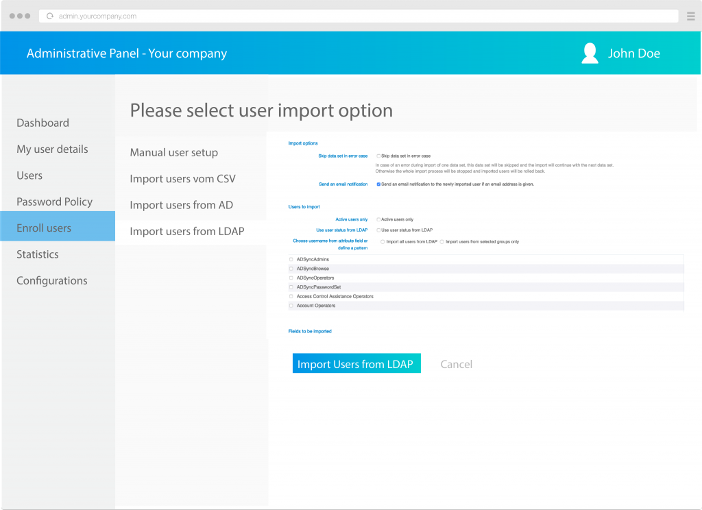 admin dashboard user enrollment - SecSign 2FA